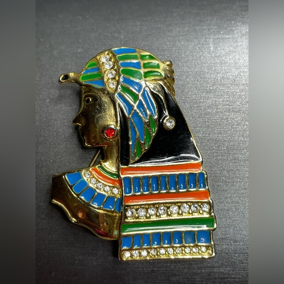 Estate | Jewelry | Pharaoh Enamel Gold Tone Rhinestone Large Brooch ...